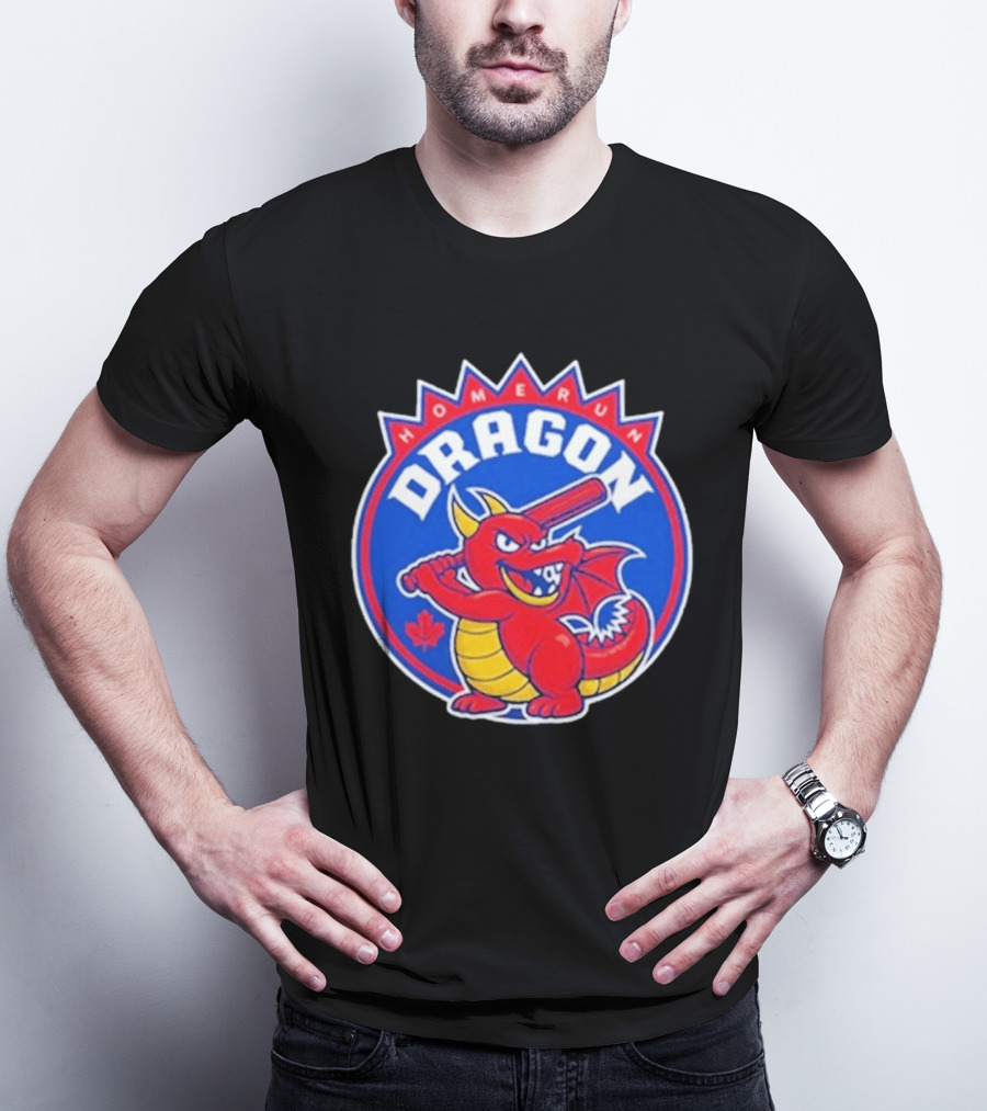 Home Run Dragon Baseball Batting Red Maple Leaf T-Shirt