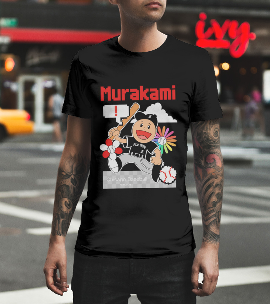 Murakami Chicago Baseball IPlayers Animated Character Flower Motif T-Shirt