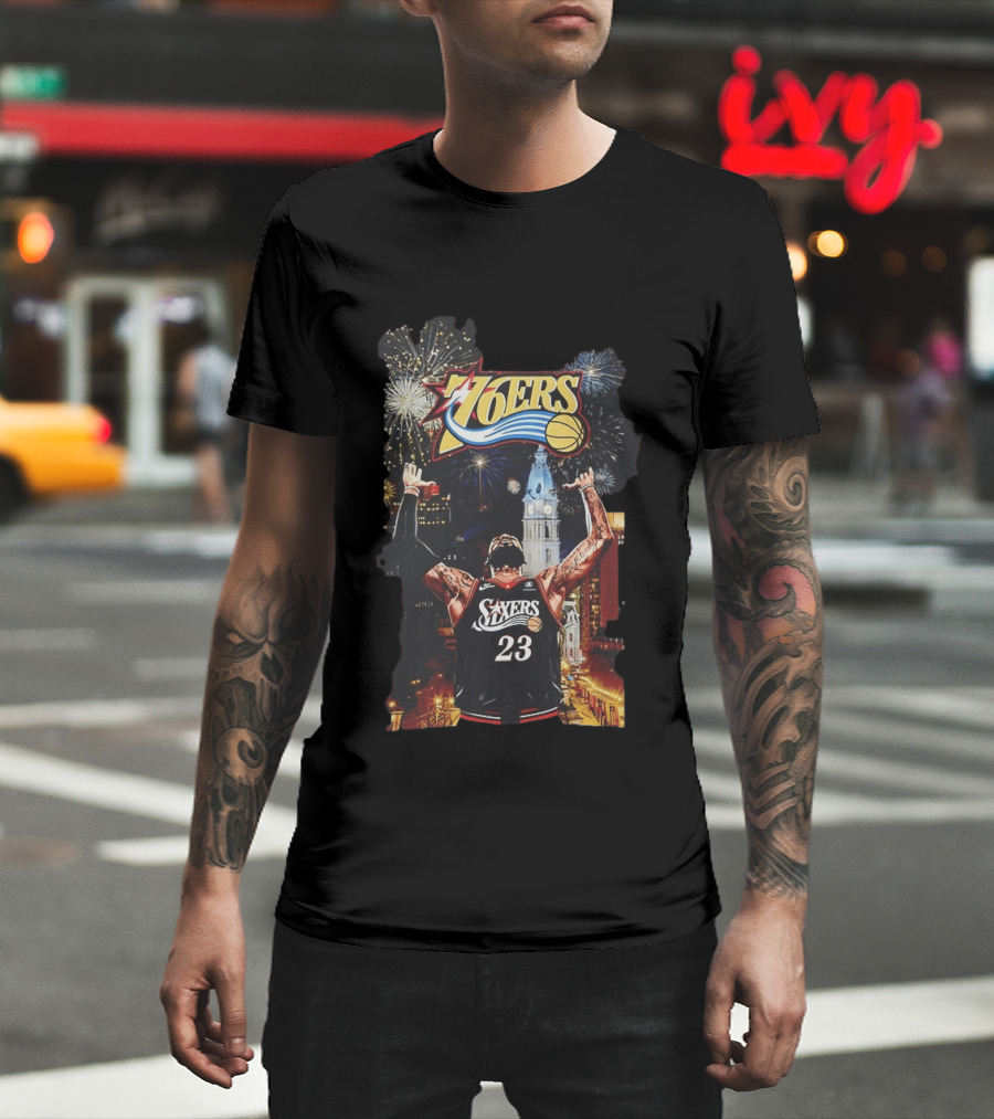 Philadelphia 76ers NBA Basketball 23 Cityscape Fireworks T-Shirt