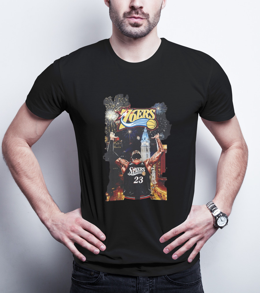 Philadelphia 76ers NBA Basketball 23 Cityscape Fireworks T-Shirt