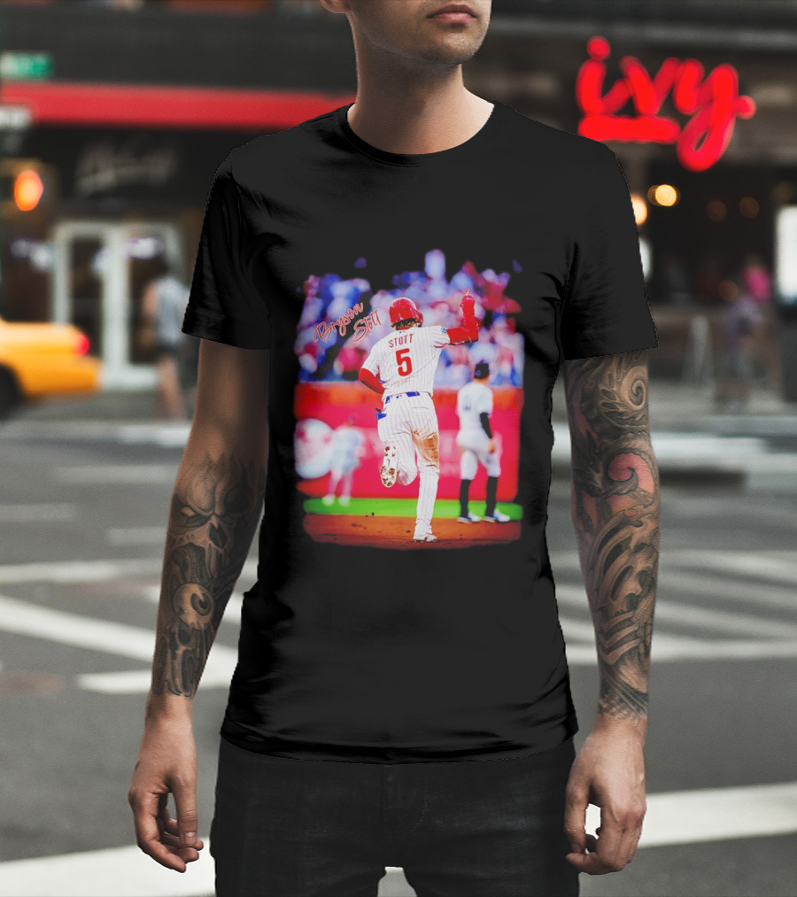 Philadelphia Phillies Bryson Stott 5 Baseball Game Action T-Shirt