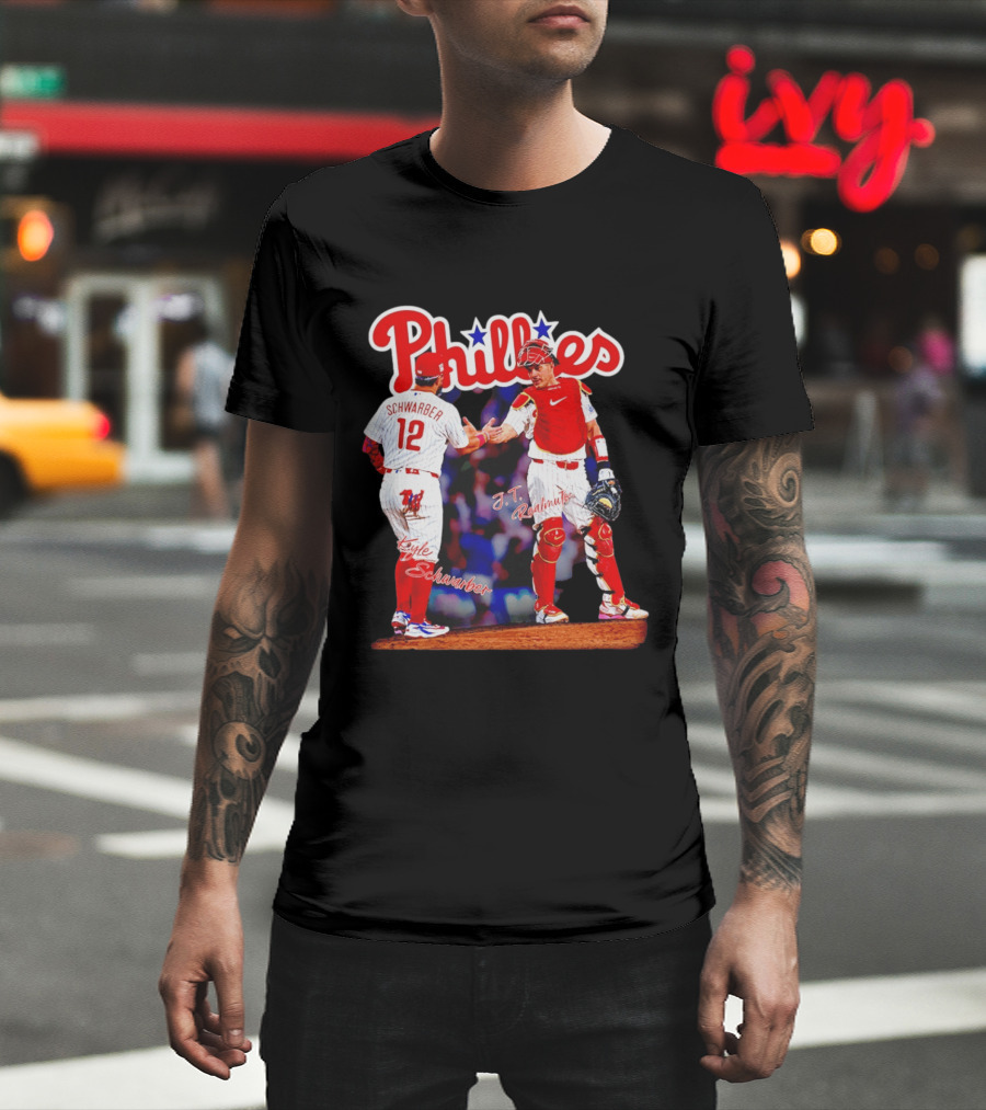 Philadelphia Phillies Kyle Schwarber J Realmuto 12 Catcher Handshake T-Shirt