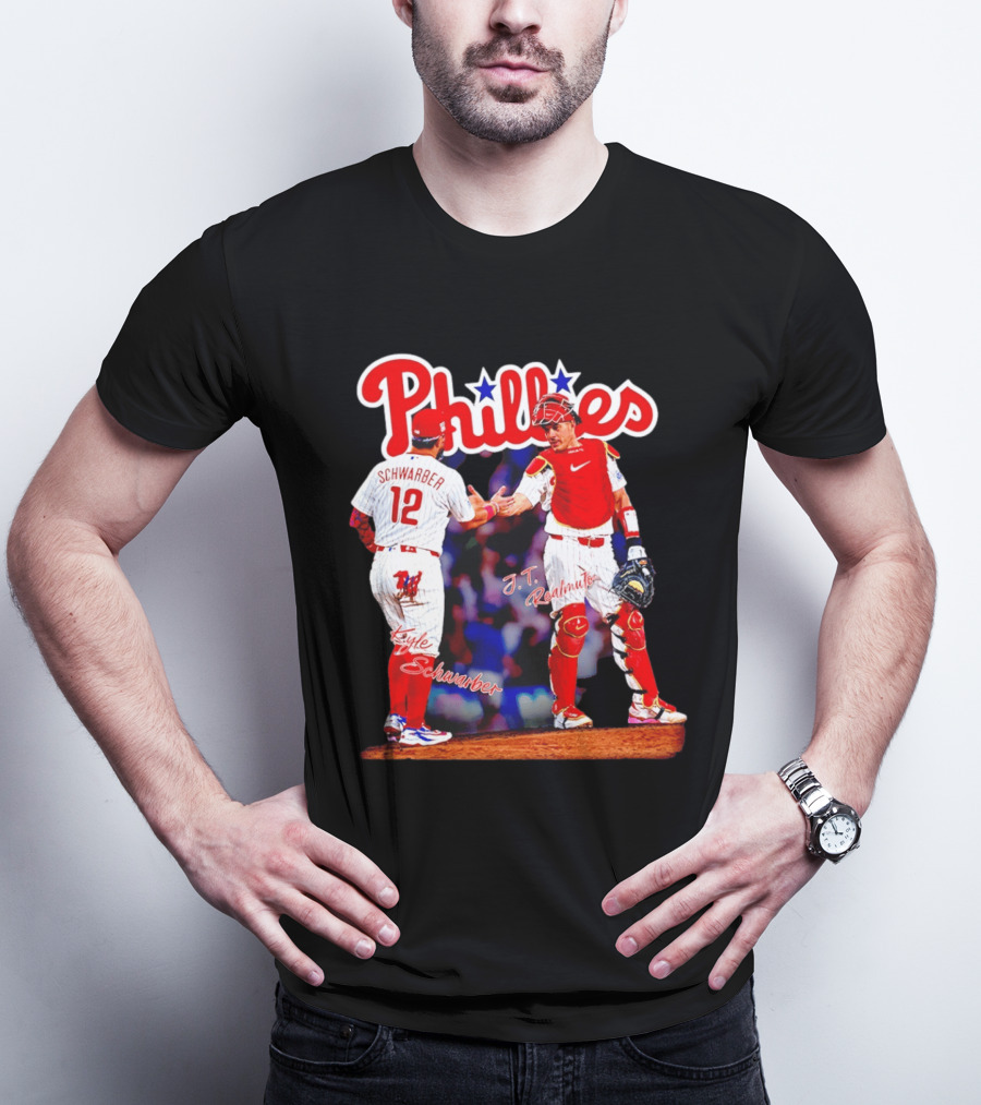 Philadelphia Phillies Kyle Schwarber J Realmuto 12 Catcher Handshake T-Shirt