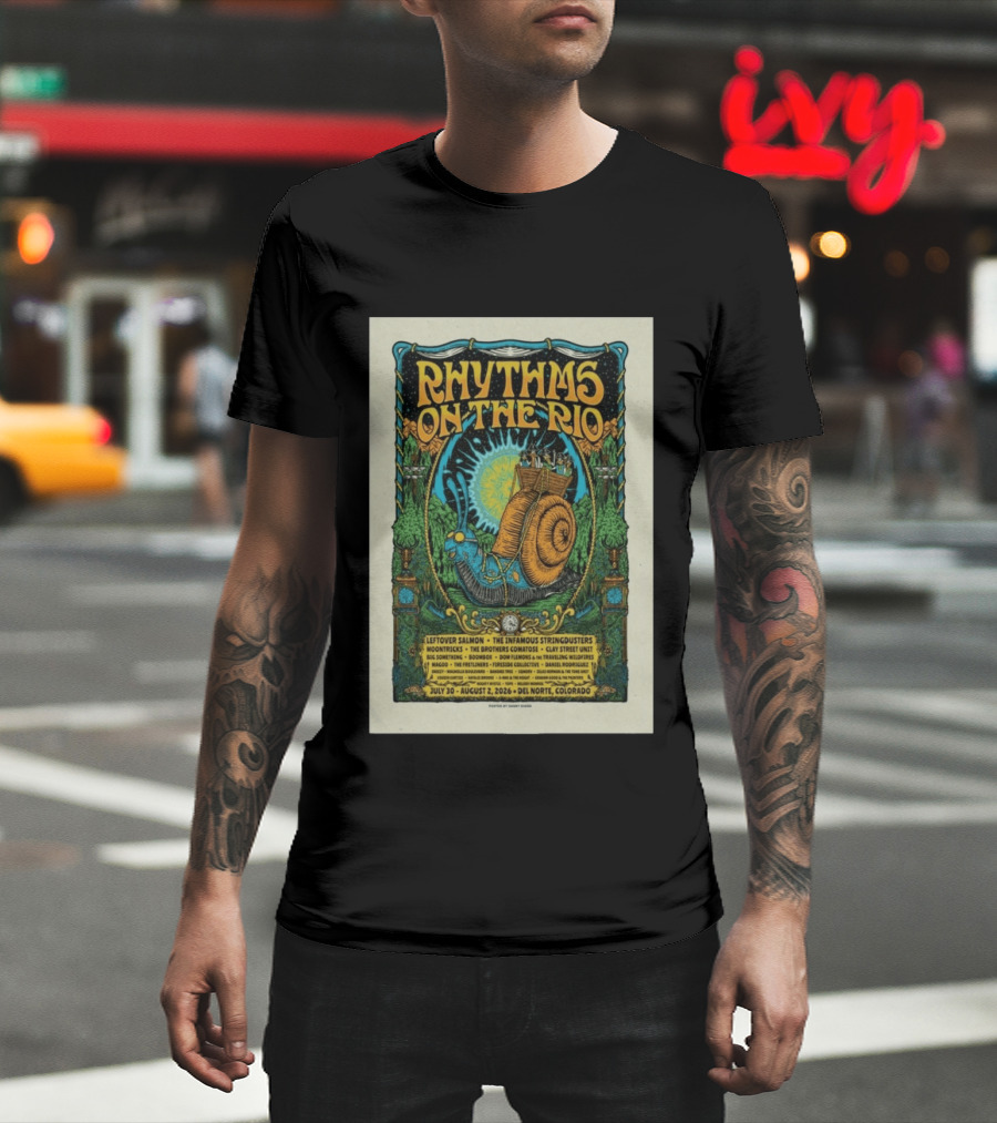 Rhythms On The Rio July 30 August 2 2026 Del Norte Colorado Leftover Salmon The Infamous Stringdusters T-Shirt