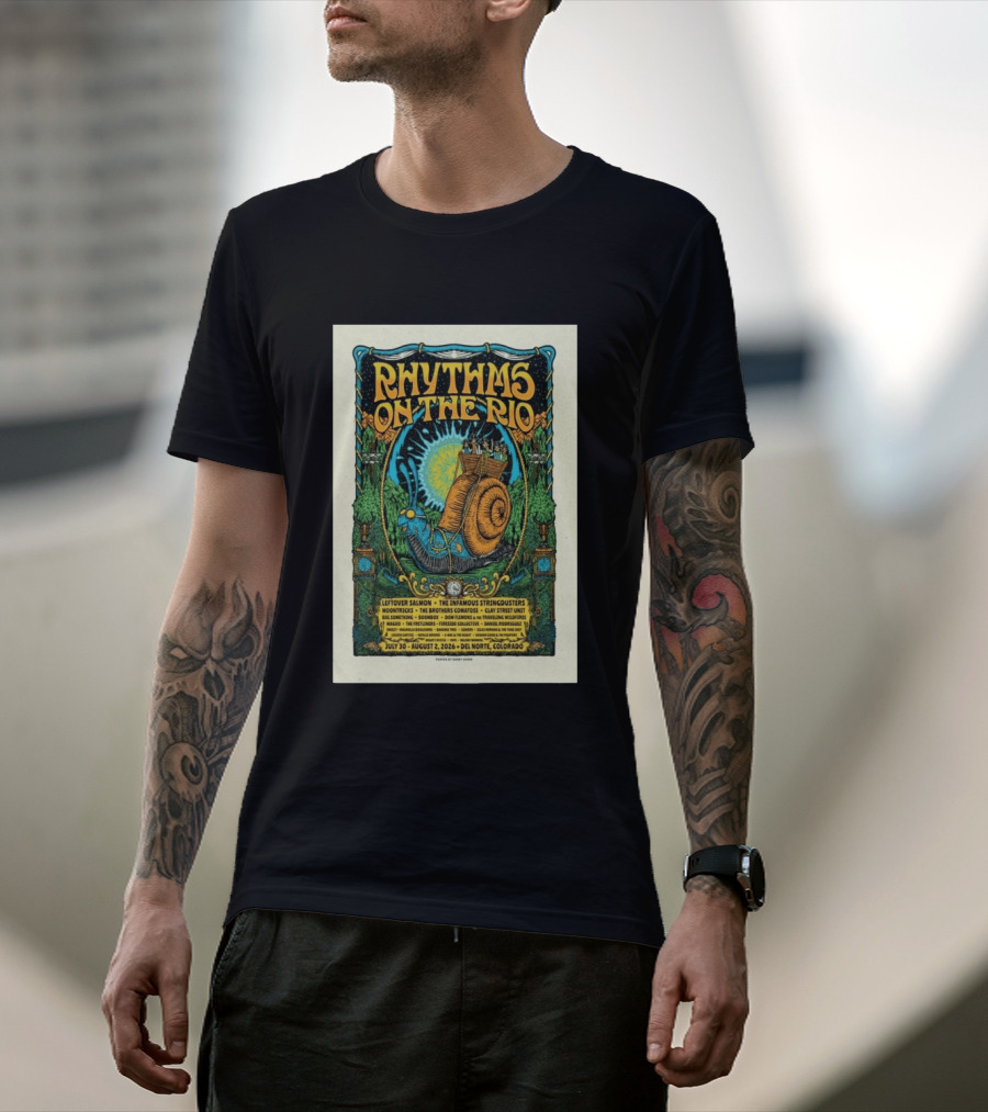 Rhythms On The Rio July 30 August 2 2026 Del Norte Colorado Leftover Salmon The Infamous Stringdusters T-Shirt