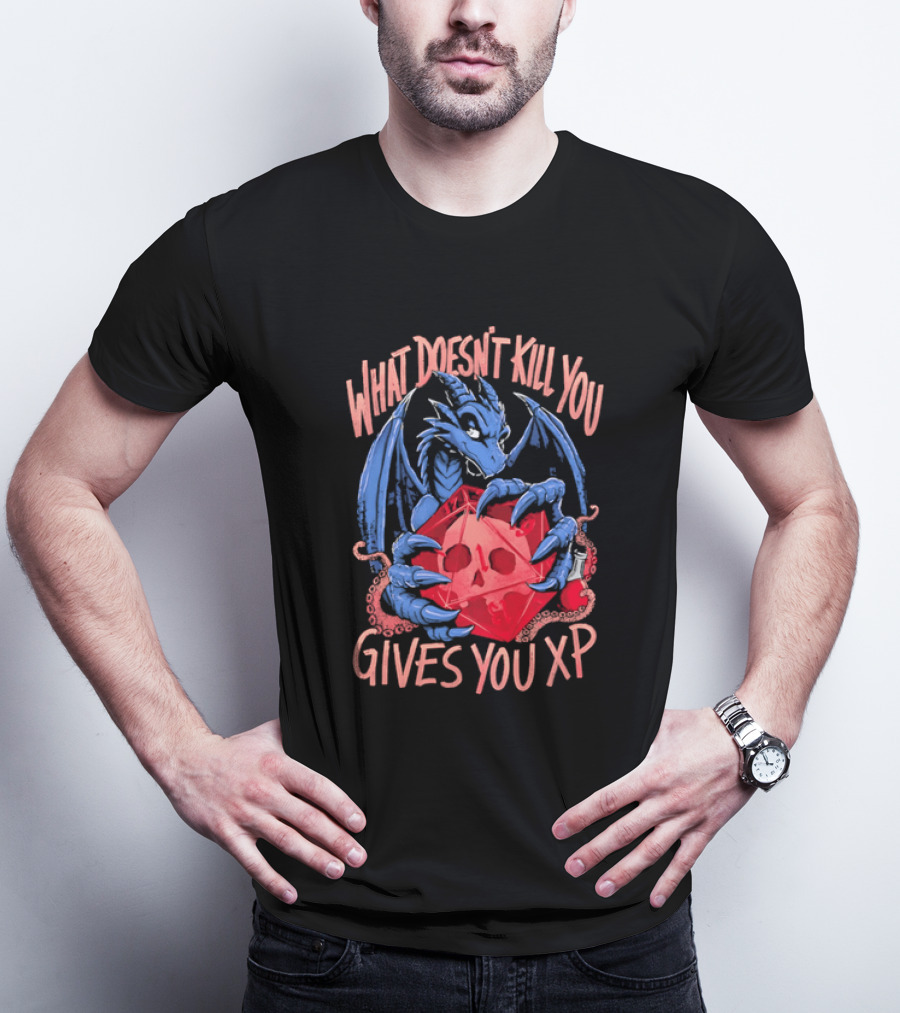 What Doesn't Kill You Gives You XP Blue Dragon Holding Red D20 Skull T-Shirt