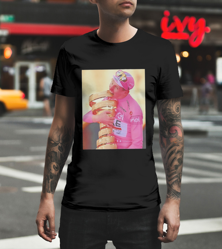 Tadej Pogačar Trophy Celebration UAE Pink Jersey T-Shirt