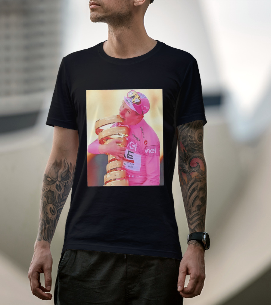 Tadej Pogačar Trophy Celebration UAE Pink Jersey T-Shirt