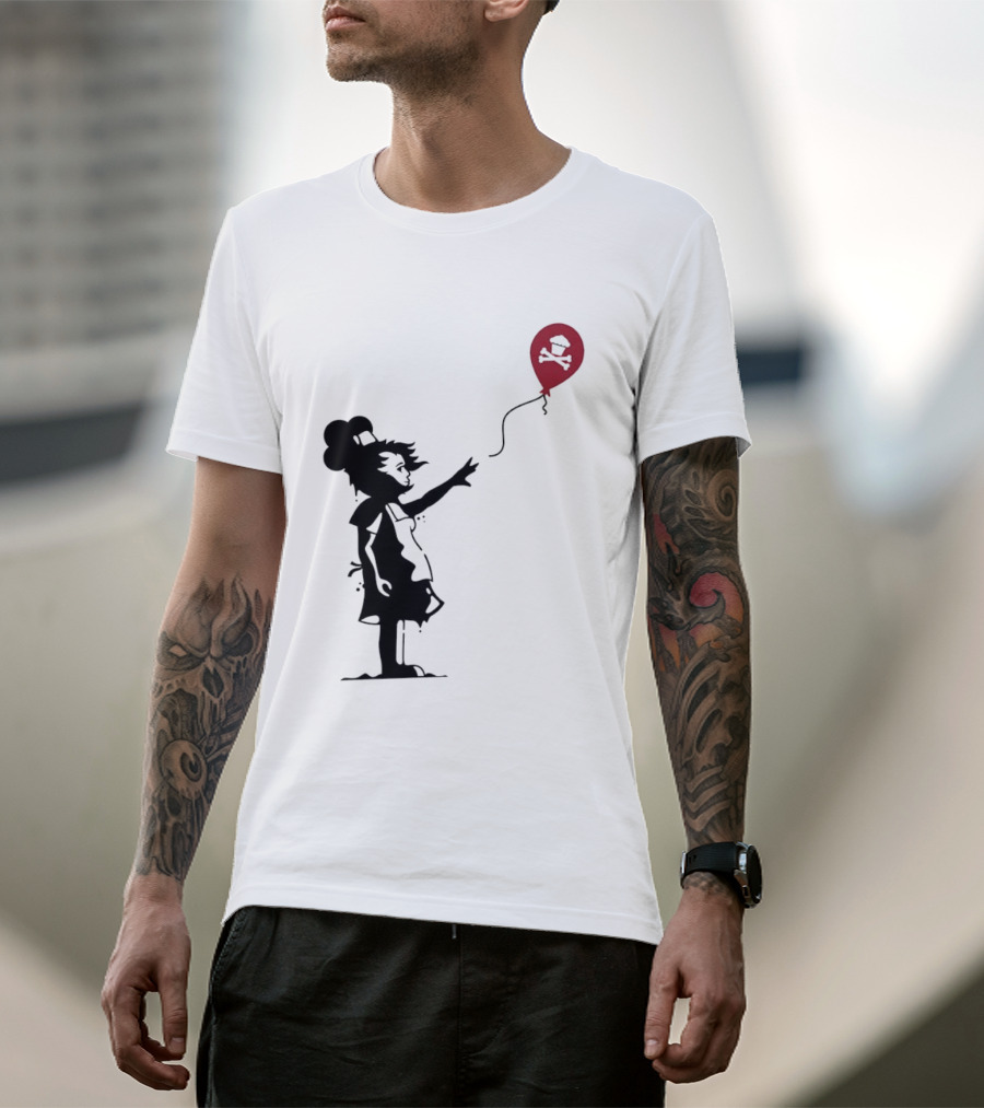 Baker Reaching For Cupcake And Crossbones Balloon Black Silhouette On Red T-Shirt