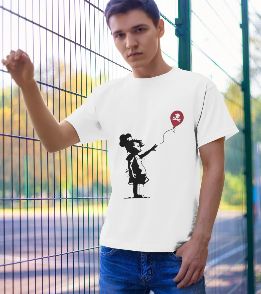 Baker Reaching For Cupcake And Crossbones Balloon Black Silhouette On Red T-Shirt