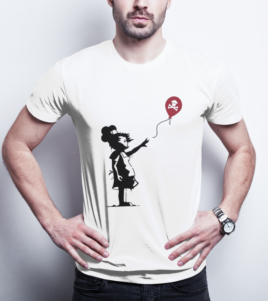 Baker Reaching For Cupcake And Crossbones Balloon Black Silhouette On Red T-Shirt