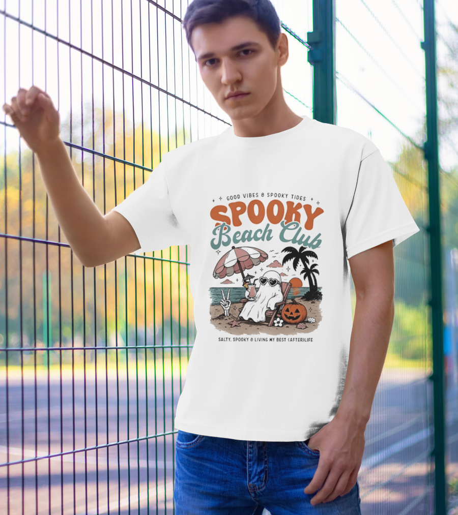 Good Vibes & Spooky Tides Spooky Beach Club Salty Spooky & Living My Best Afterlife T-Shirt
