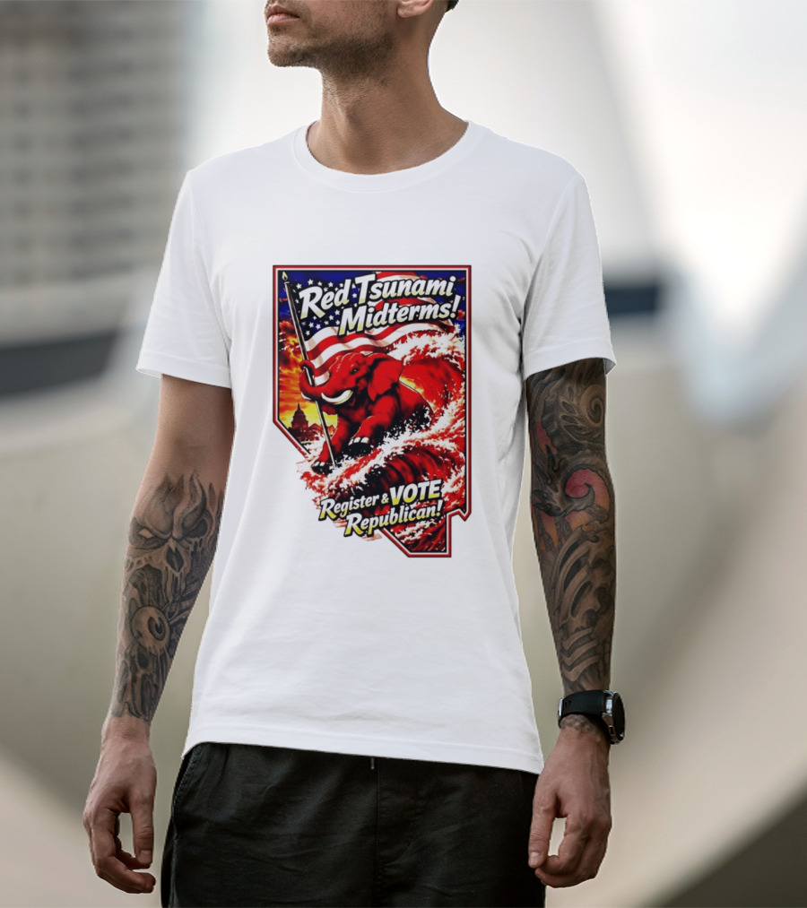 Red Tsunami Midterms Register And Vote Republican Political Elephant With American Flag T-Shirt