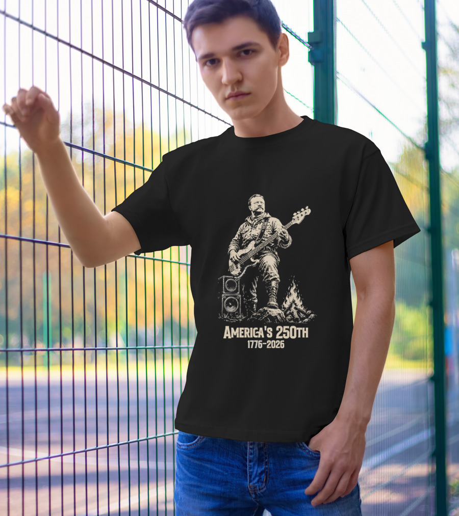 America's 250th 1776 2026 Theodore Roosevelt Bass Guitar Campfire T-Shirt
