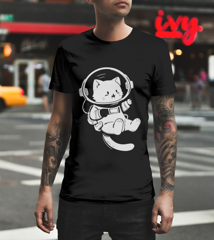 Astronaut Cat Floating In Space Suit Cosmic Adventure T-Shirt
