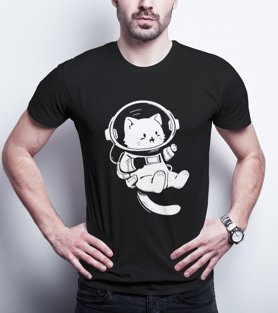 Astronaut Cat Floating In Space Suit Cosmic Adventure T-Shirt