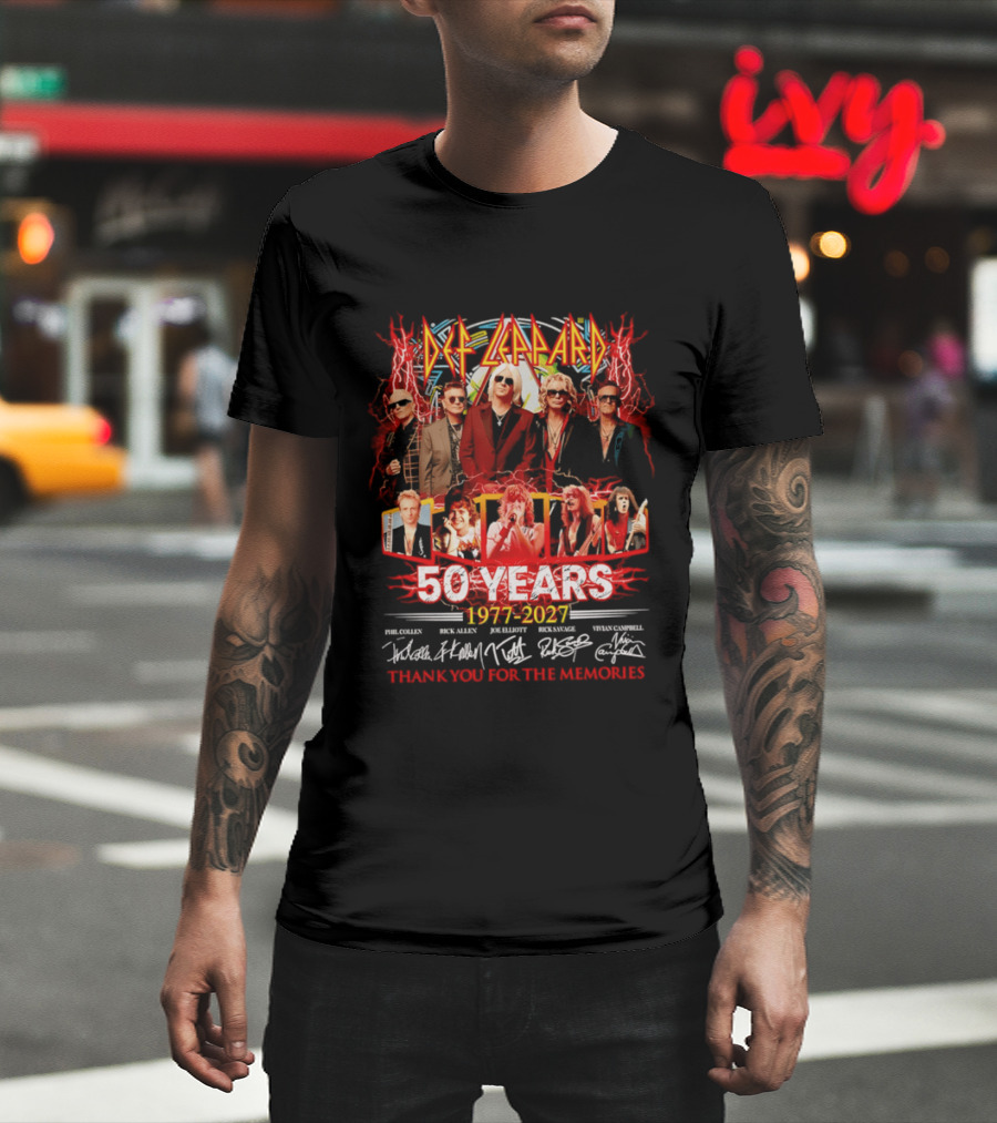 Def Leppard 50 Years 1977 2027 Thank You For The Memories Rock Legends Celebration Autographed Collage T-Shirt