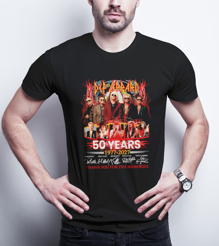 Def Leppard 50 Years 1977 2027 Thank You For The Memories Rock Legends Celebration Autographed Collage T-Shirt