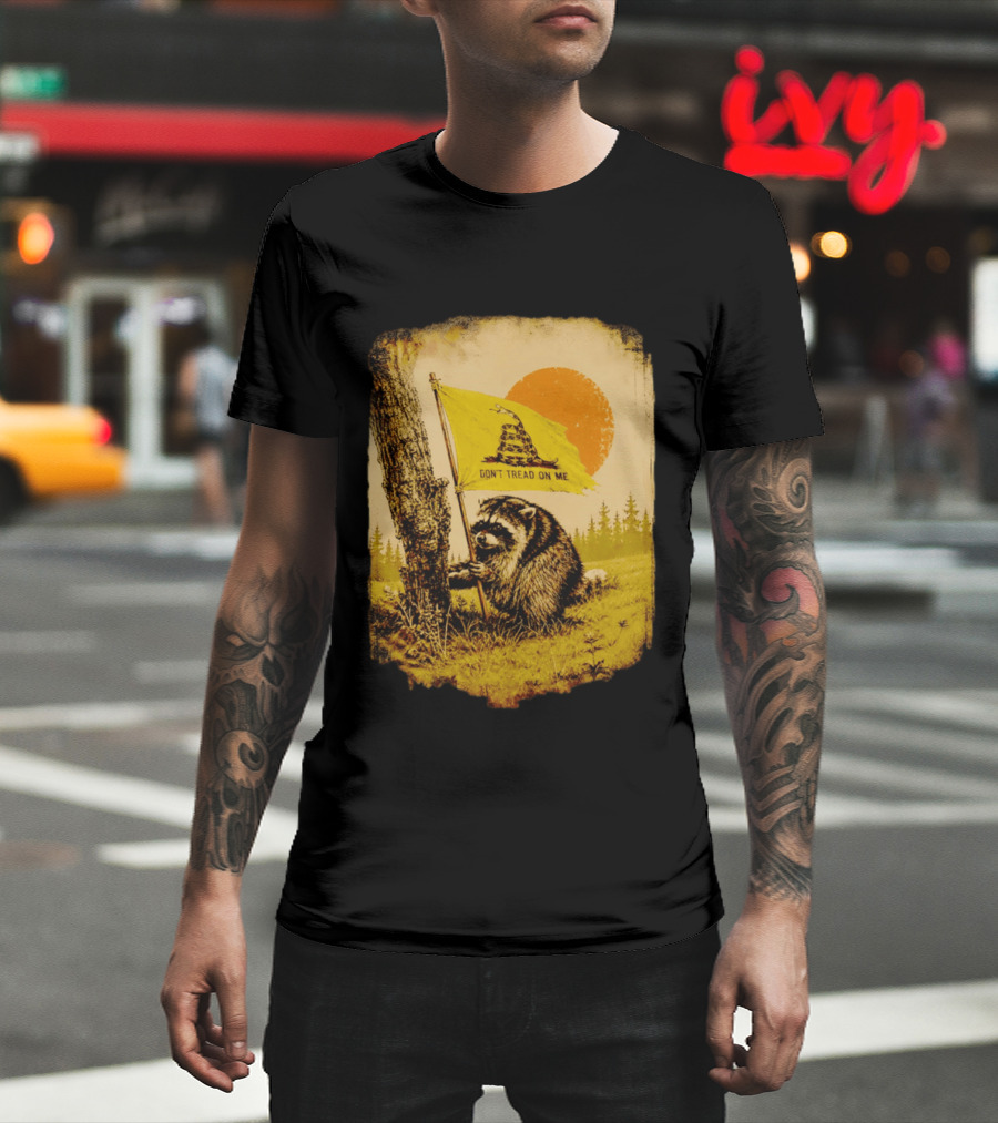 Don't Tread On Me Raccoon Holding Gadsden Flag Rustic Sun T-Shirt