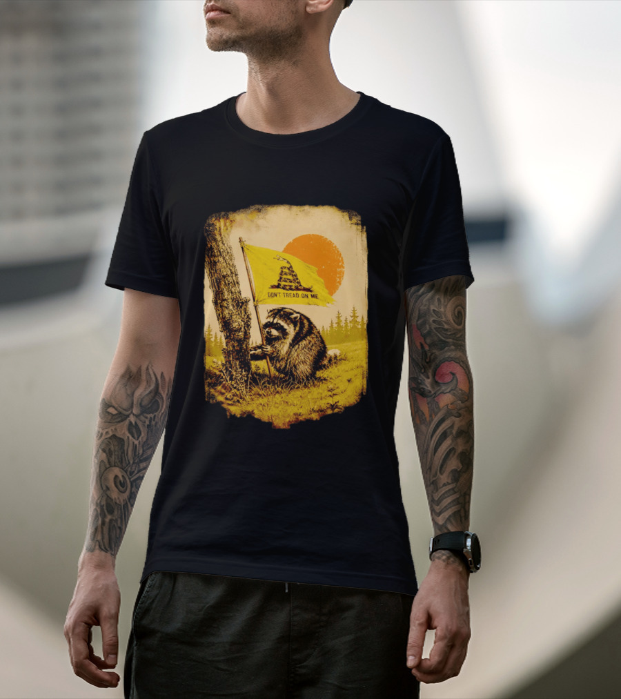 Don't Tread On Me Raccoon Holding Gadsden Flag Rustic Sun T-Shirt