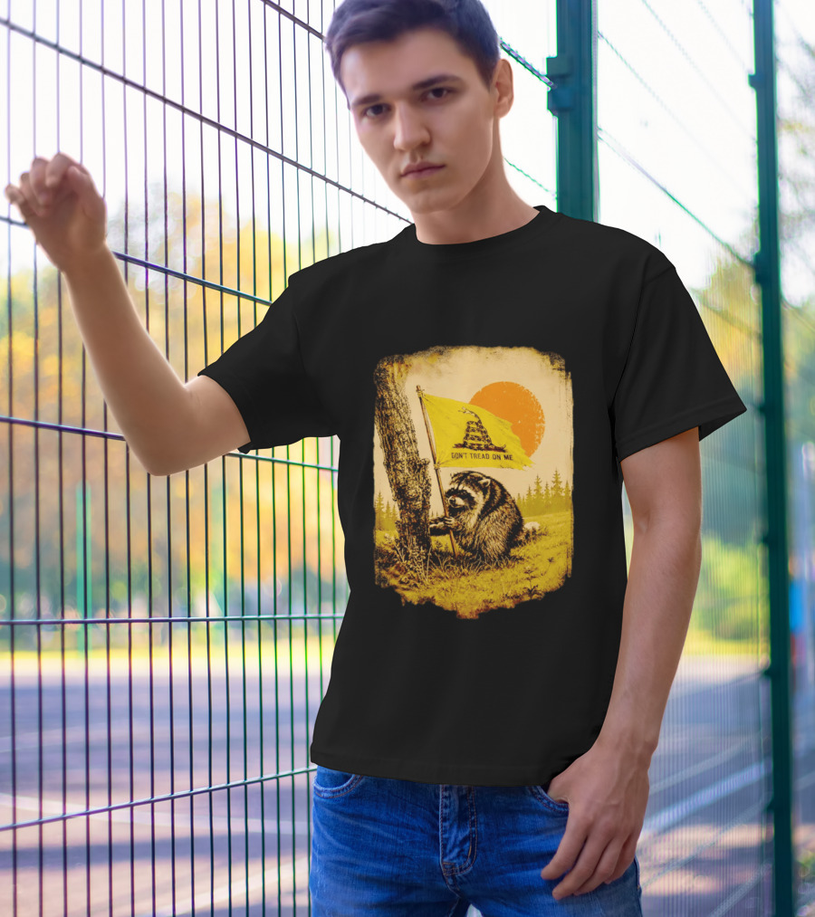 Don't Tread On Me Raccoon Holding Gadsden Flag Rustic Sun T-Shirt