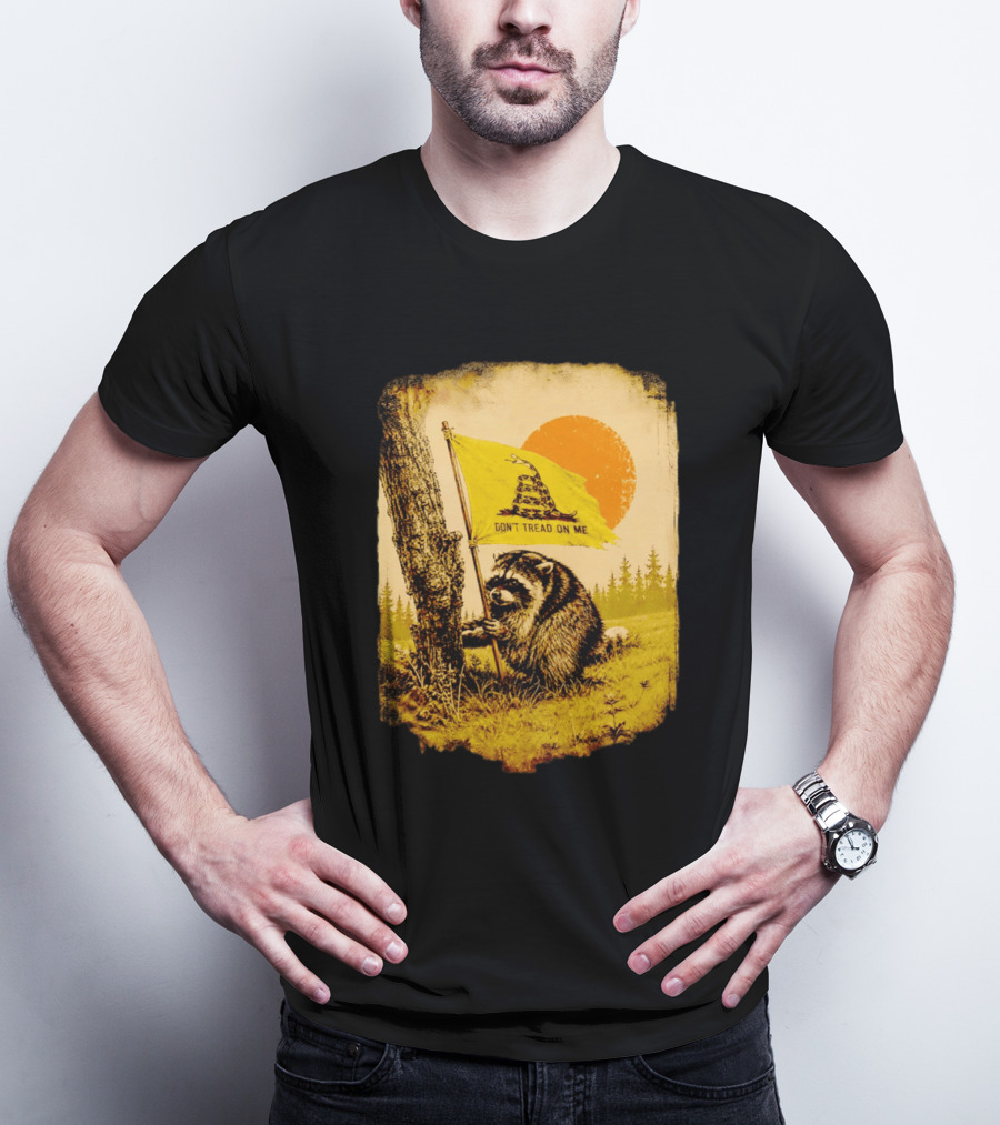 Don't Tread On Me Raccoon Holding Gadsden Flag Rustic Sun T-Shirt