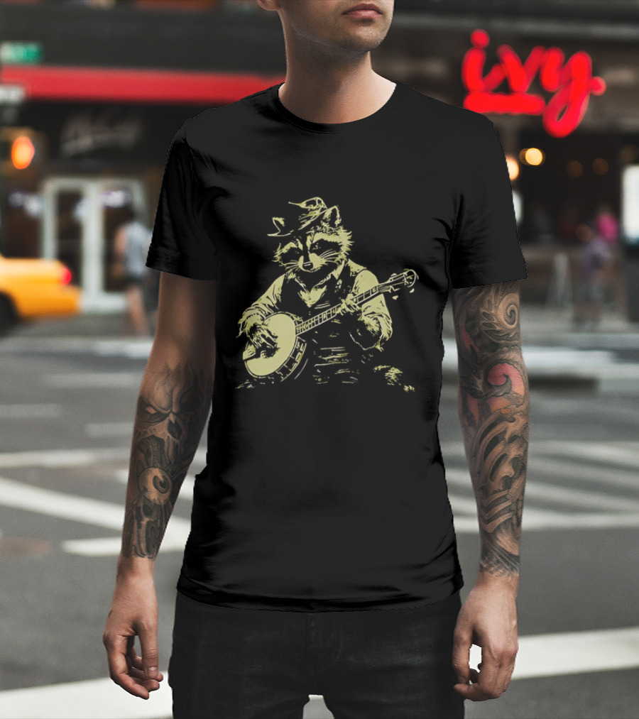 Raccoon Strumming Banjo Wearing Hat And Vest T-Shirt