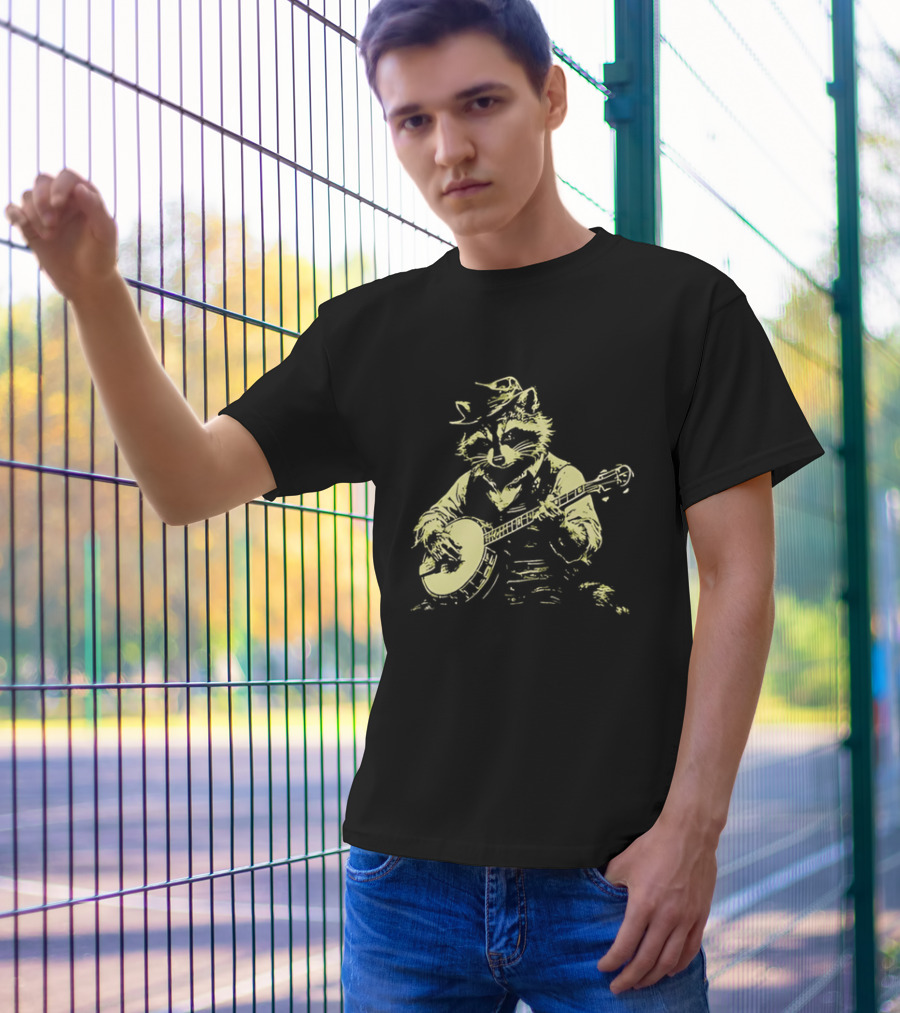 Raccoon Strumming Banjo Wearing Hat And Vest T-Shirt