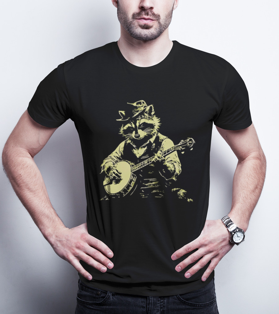 Raccoon Strumming Banjo Wearing Hat And Vest T-Shirt