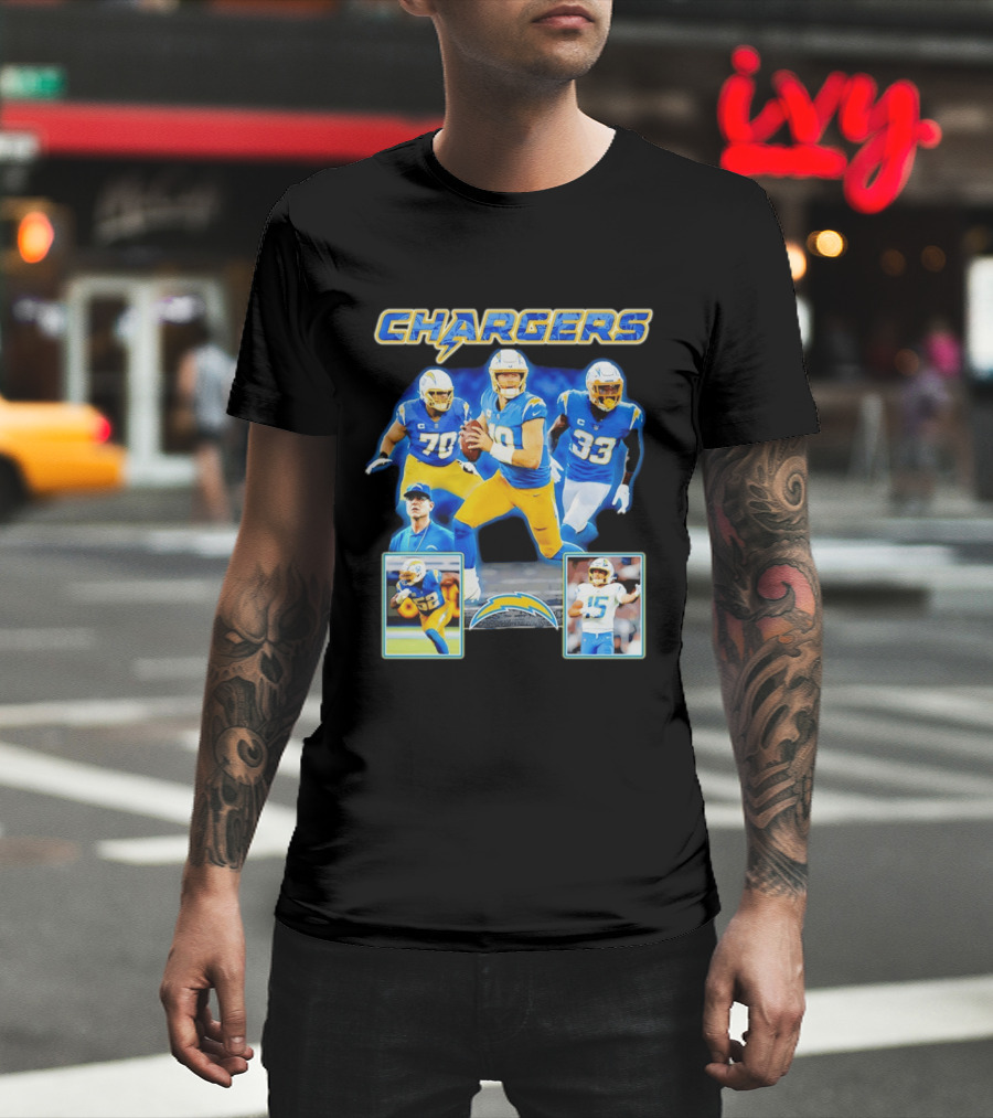Los Angeles Chargers Players Collage Featuring Quarterback Wide Receiver And Running Back T-Shirt