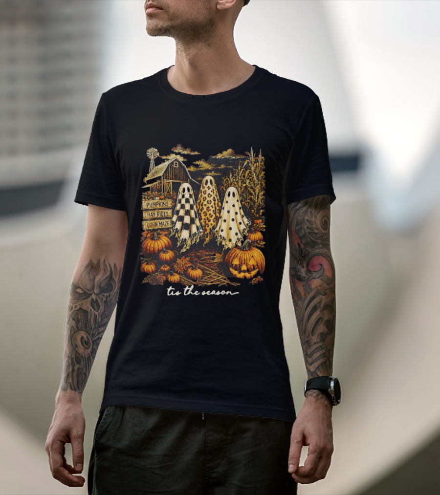 Tis The Season Halloween Ghosts Trio Pumpkins Hay Rides Corn Maze Spooky Autumn T-Shirt