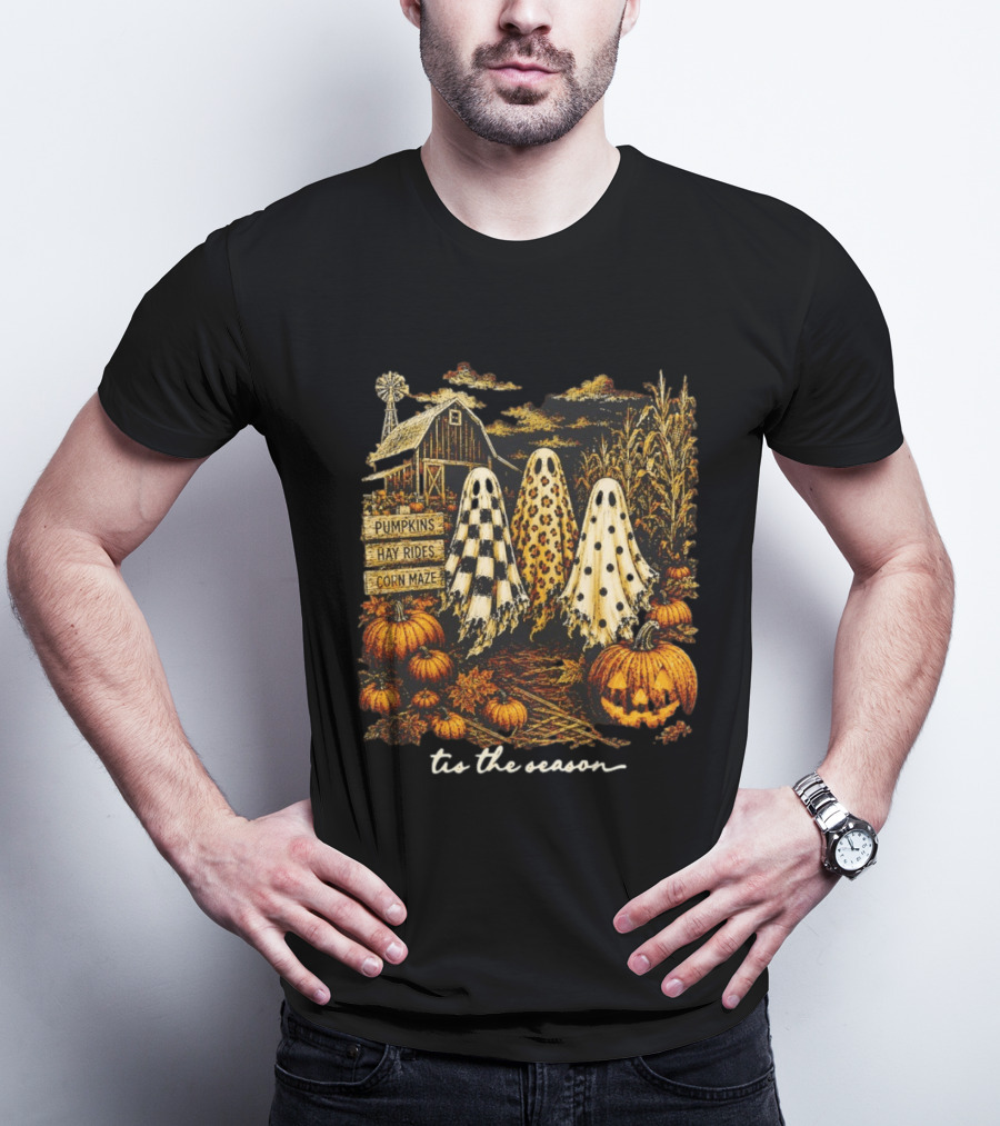 Tis The Season Halloween Ghosts Trio Pumpkins Hay Rides Corn Maze Spooky Autumn T-Shirt