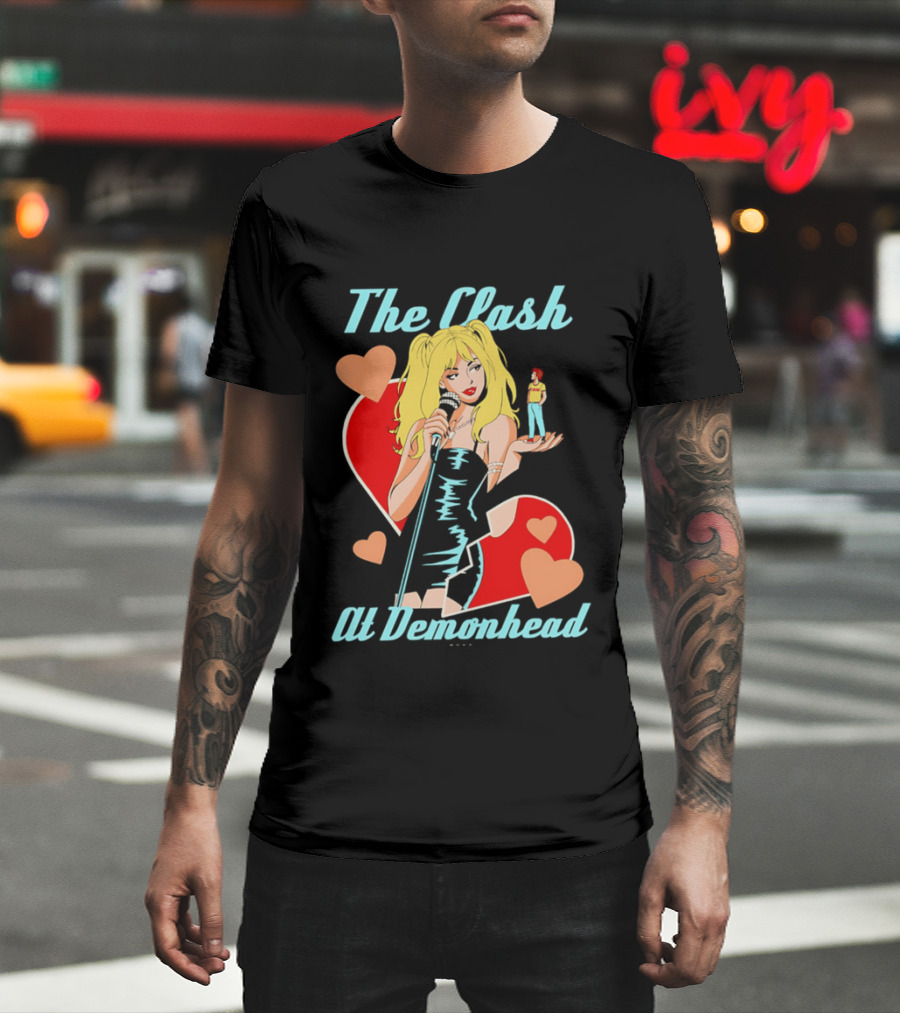 The Clash At Demonhead Heart And Singer With Microphone And Red Haired Figure T-Shirt