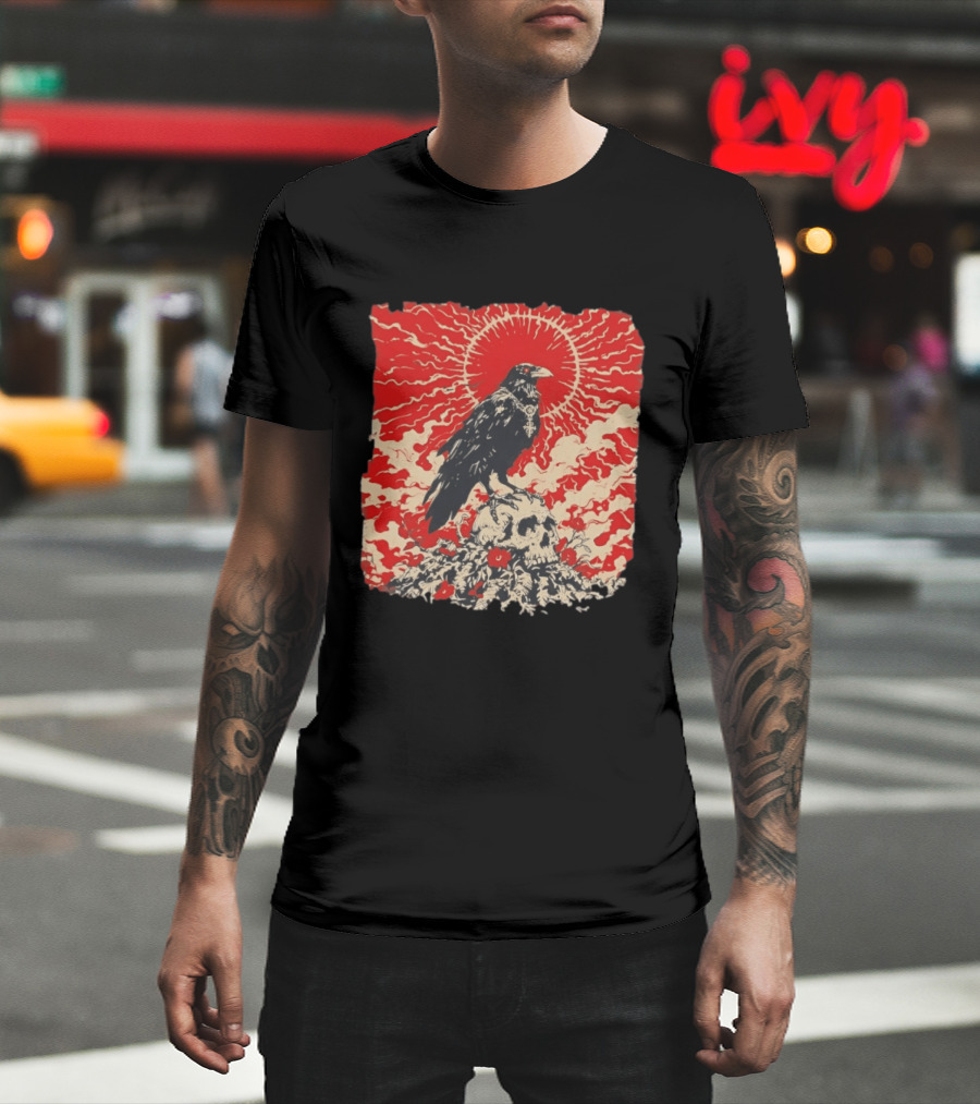 The Crow And The Skull Vintage Gothic Illustration Red Sunburst Mystical T-Shirt