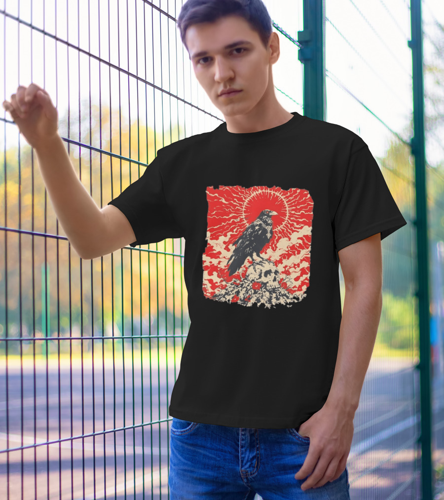 The Crow And The Skull Vintage Gothic Illustration Red Sunburst Mystical T-Shirt
