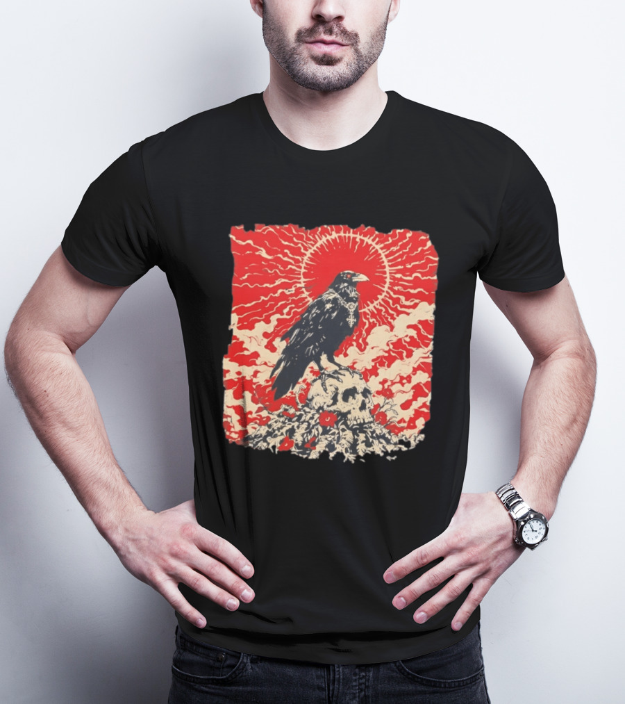 The Crow And The Skull Vintage Gothic Illustration Red Sunburst Mystical T-Shirt