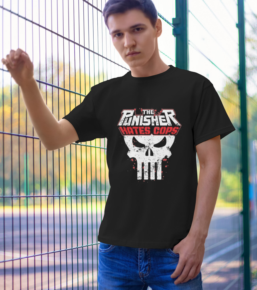 The Punisher Hates Cops Skull Symbol Red White T-Shirt