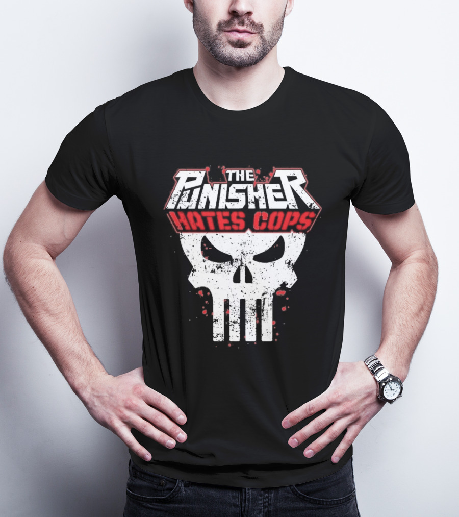 The Punisher Hates Cops Skull Symbol Red White T-Shirt