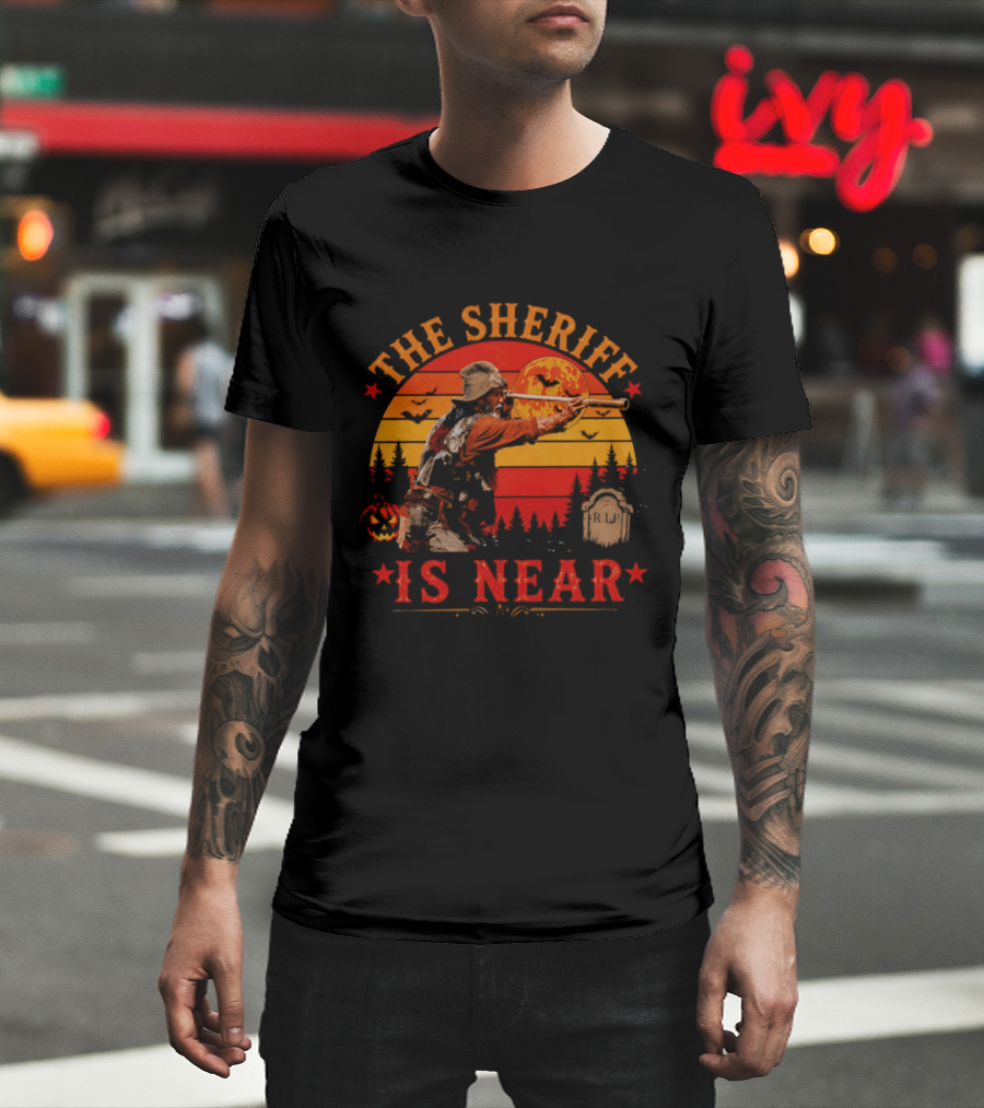 The Sheriff Is Near Halloween Cowboy Full Moon Tombstone Pumpkin Bats T-Shirt