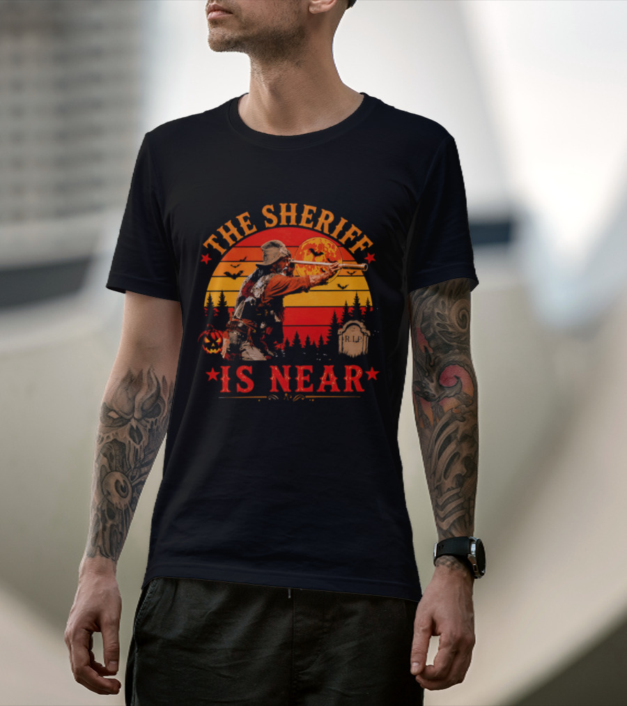 The Sheriff Is Near Halloween Cowboy Full Moon Tombstone Pumpkin Bats T-Shirt