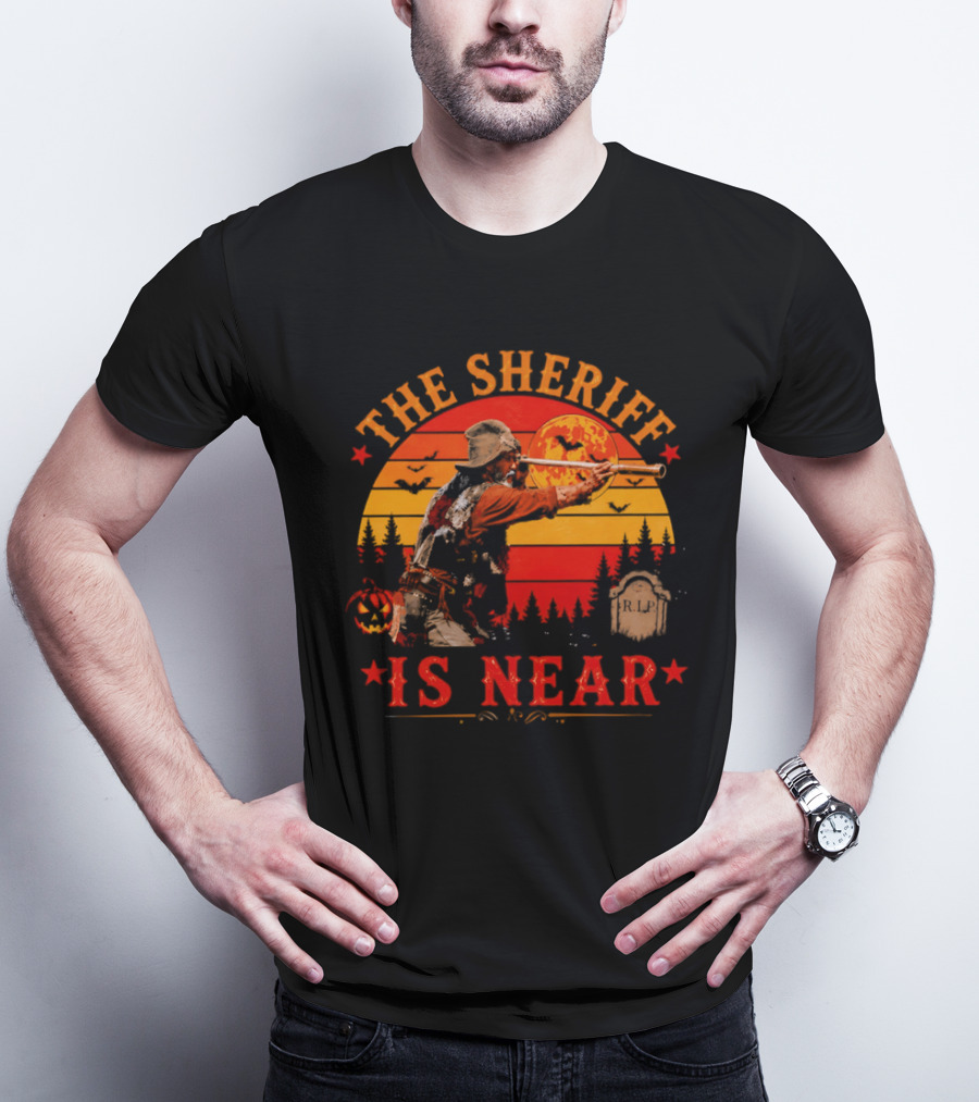 The Sheriff Is Near Halloween Cowboy Full Moon Tombstone Pumpkin Bats T-Shirt