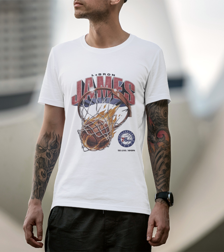 LeBron James Philadelphia 76ers Basketball Hoop Fire NBA 90s T-Shirt