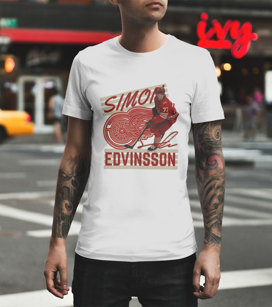 Simon Edvinsson 77 Detroit Red Wings Signature Hockey T-Shirt