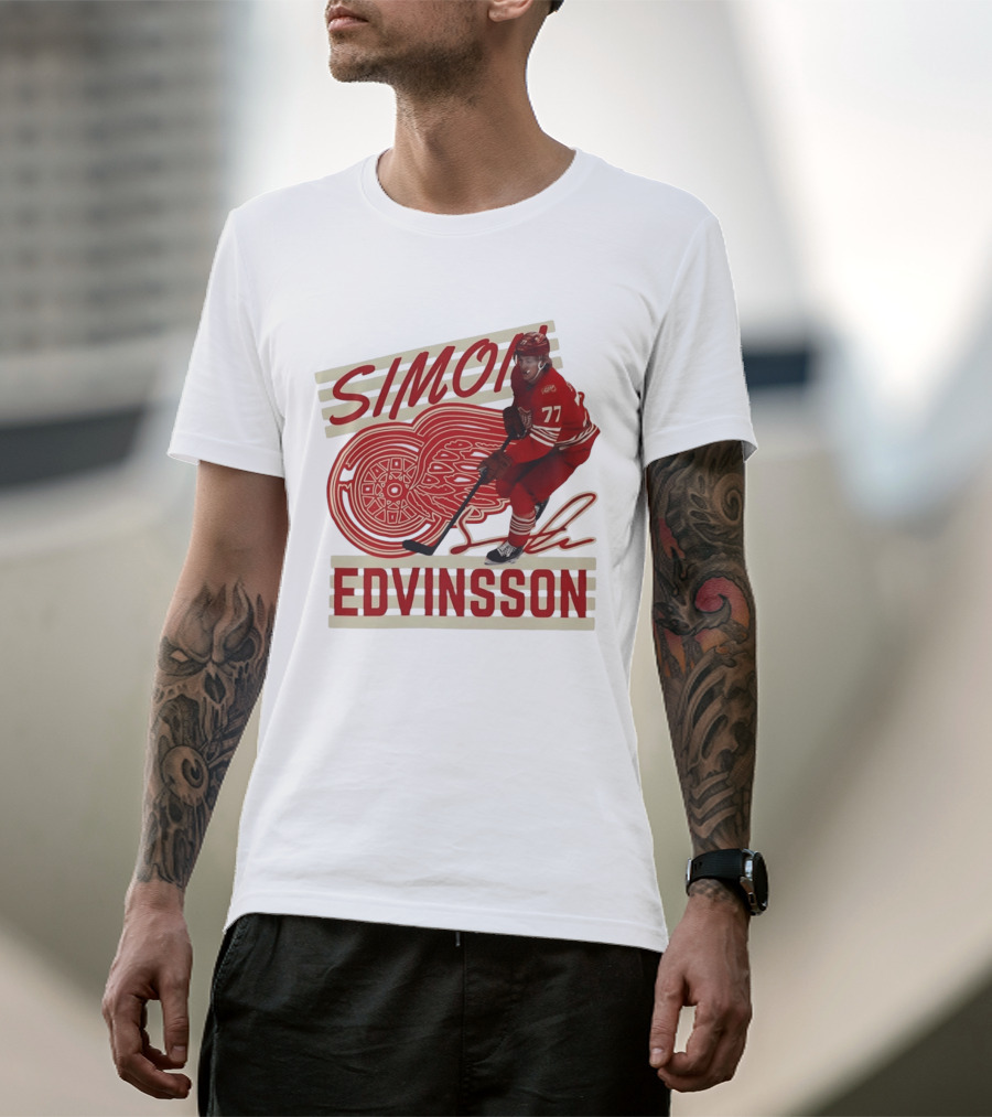 Simon Edvinsson 77 Detroit Red Wings Signature Hockey T-Shirt