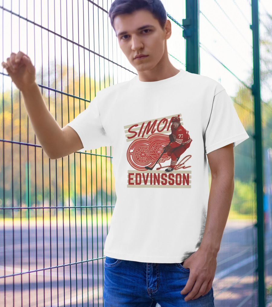 Simon Edvinsson 77 Detroit Red Wings Signature Hockey T-Shirt