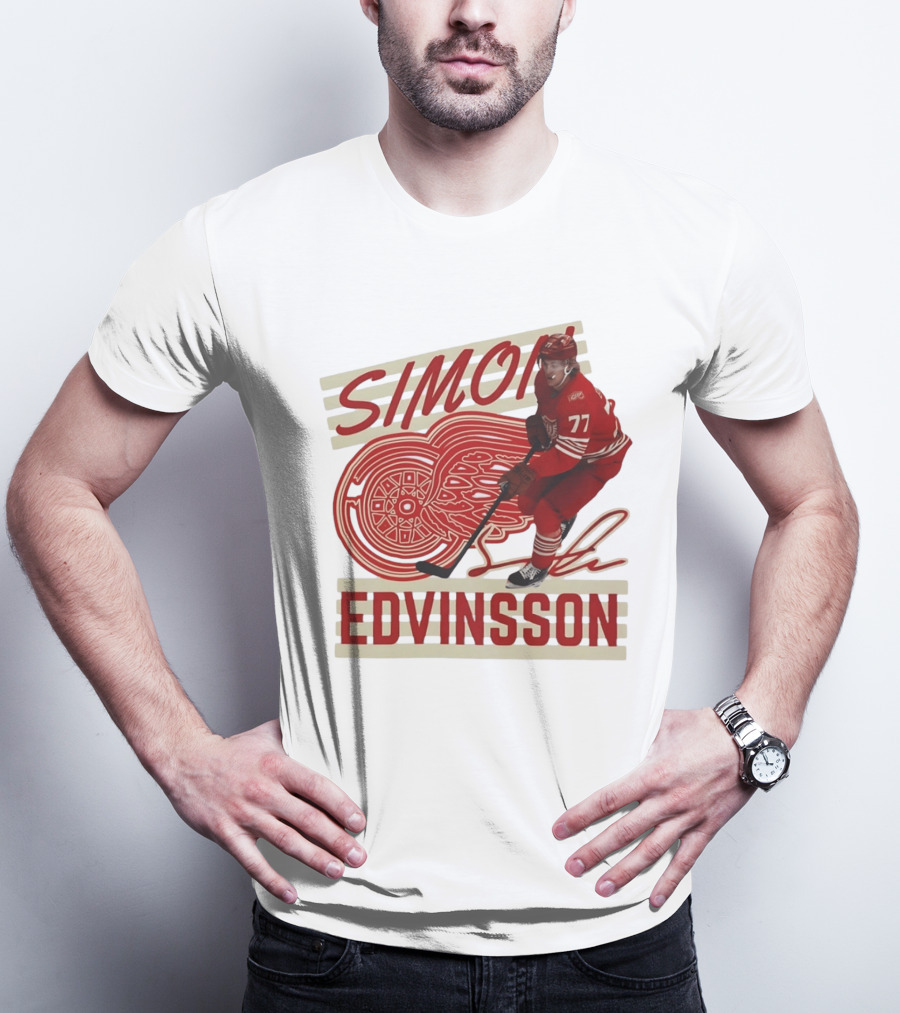 Simon Edvinsson 77 Detroit Red Wings Signature Hockey T-Shirt