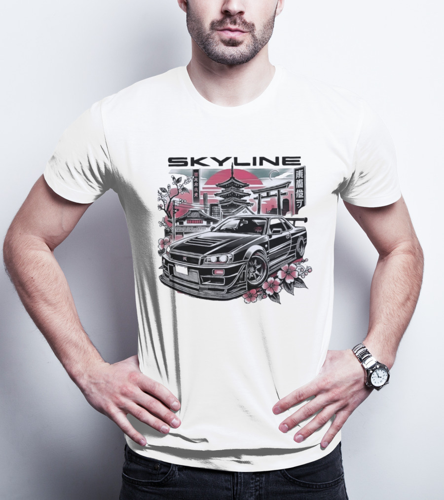 Skyline Japanese Cherry Blossom Car Pagoda Sun Blossoms T-Shirt