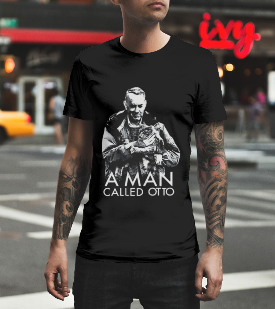 A Man Called Otto Holding Cat In Black And White T-Shirt