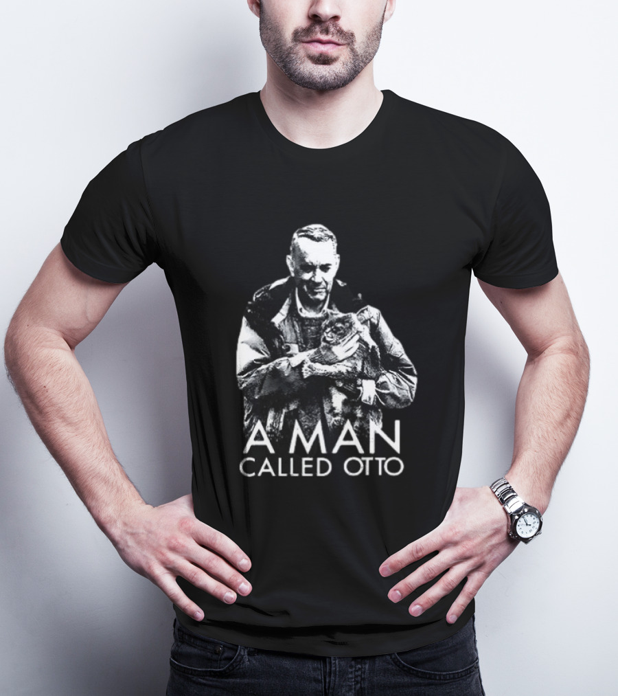 A Man Called Otto Holding Cat In Black And White T-Shirt
