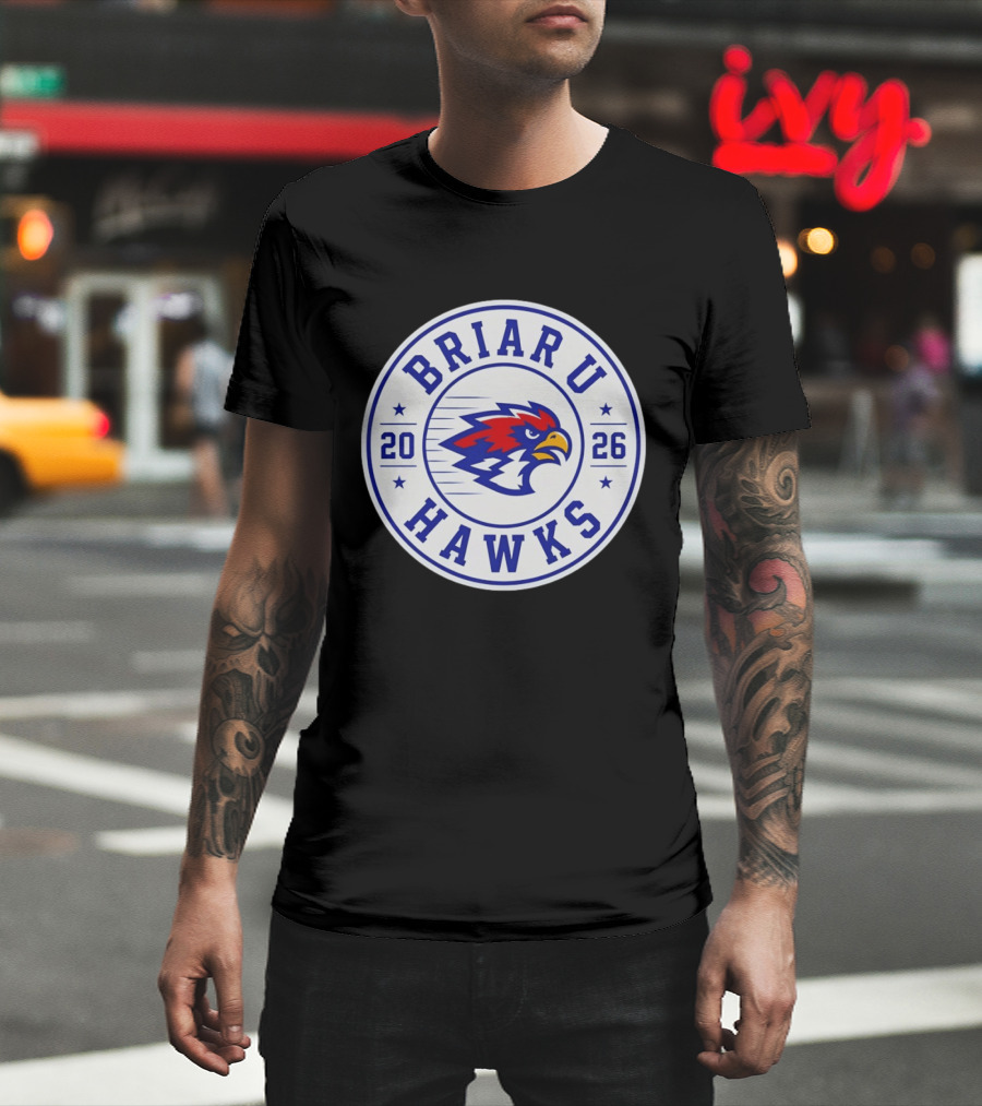 Briar U Hawks 2026 Circle Emblem Red Blue Hawk T-Shirt